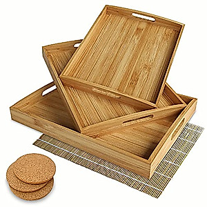 Set of 3 Large Bamboo Serving Trays – Large Serving Tray with Handles – Coffee Table Tray – Food Tray – Bed Tray