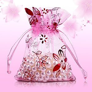 100 PCS Pink Organza Bags with Flowers Jewelry Pouch 3.54 X 4.72 Inches Tulle Pockets Organizer Drawstring Bags for Candy Jewelry Party Wedding Favor