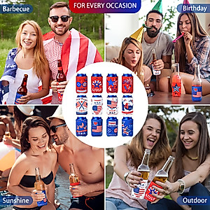 4th of July Decorations, 12PCS Beer Can Cooler Sleeves for Fourth of July Independence Day Decor, Insulated Collapsible USA Pattern Can Cover for Memorial Day Patriotic Party Supplies Outdoor Indoor