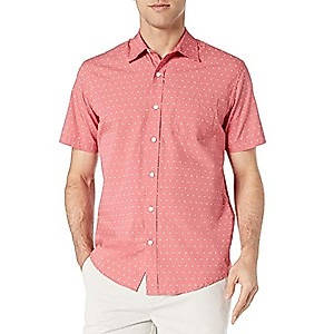 Amazon Essentials Men's Regular-Fit Short-Sleeve Poplin Shirt, Coral Orange/White, Dots, Large
