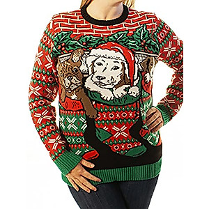 Ugly Christmas Party Sweater Men's- Unisex Dogs/Puppies Stocking Stuffers-Large Puppies in Stocking Red