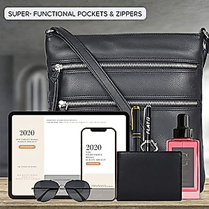 Genuine Leather Handmade Crossbody Bags For Women- Front Pocket Vintage Crossover Shoulder Sling Bags (Black Smooth)