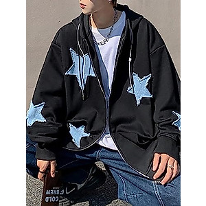 CEINOM Men's Star Patch Zip Up Hoodie for Men Women Graphic Hoodies Oversized Y2k Sweatshirt Jacket E-Girl 90s Streetwear (Black,S,Small)