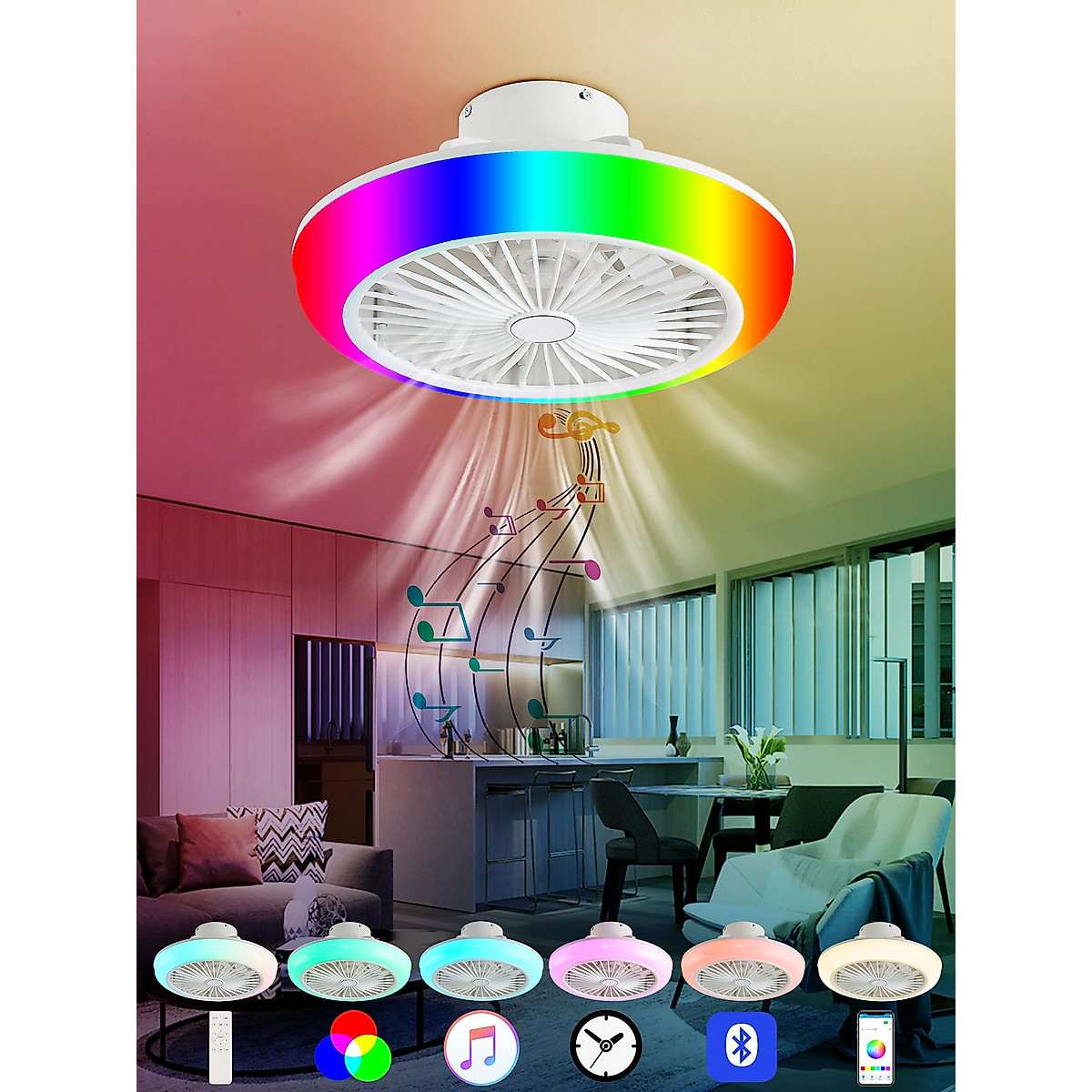 Bluetooth Ceiling Fan with Light and Speaker LED Color Enclosed Bladeless Low Profile Ceiling Fan With Light and Remote Control , Modern White Flush Mount RGB Ceiling Fan for Bedroom Dining Kids Room