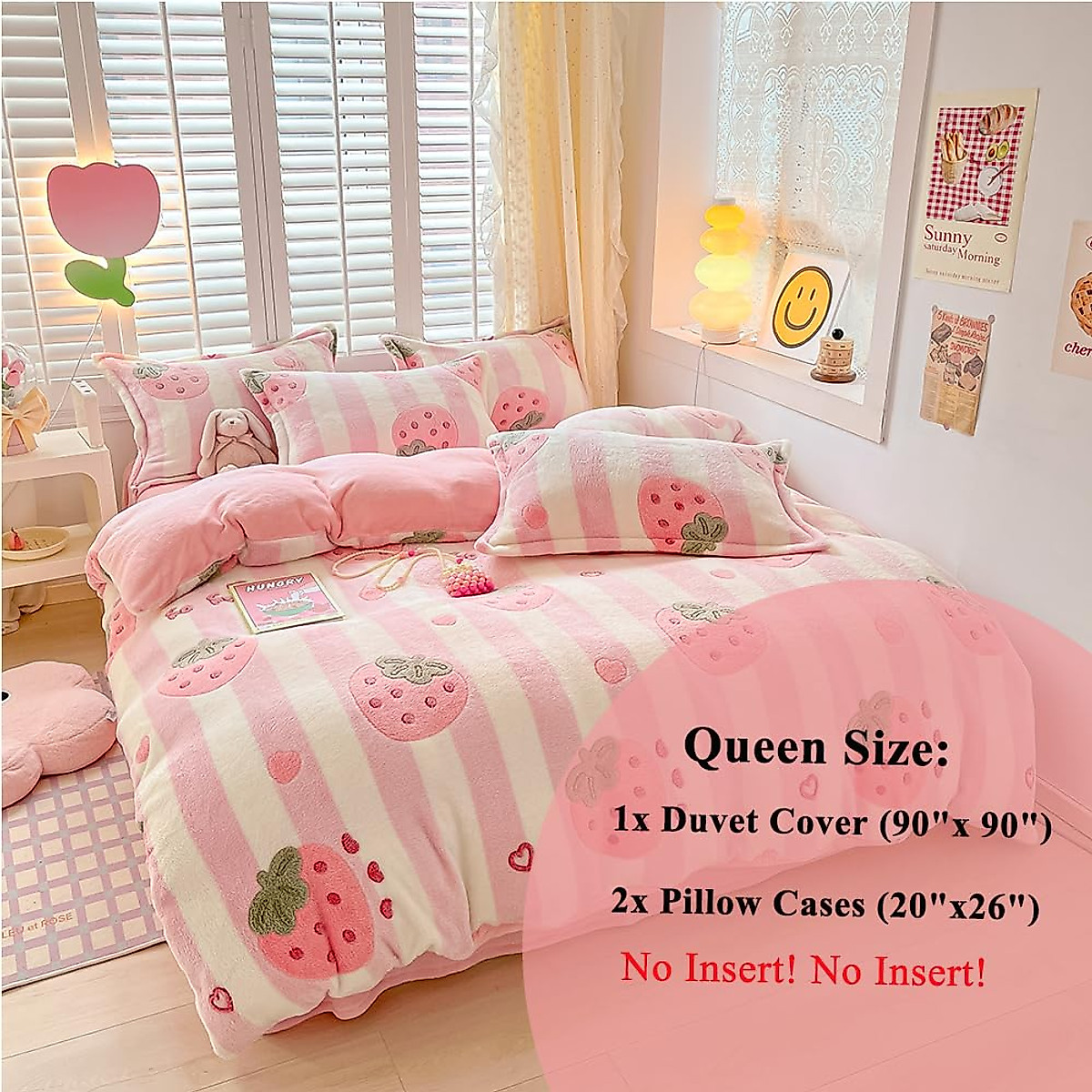OranFran Pink Strawberry Kids Duvet Cover Set Queen Cute Kawaii Bedding Set Snowflake Fluffy Comforter Cover Blanket Soft Reversible Duvet Cover Room Decor (Strawberry,Queen)