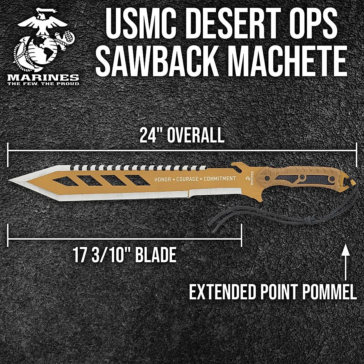 USMC Desert OPS Sawback Machete with Shoulder Strap Sheath - Officially Licensed By United States Marine Corps, Stainless Steel Blade, Non-Reflective Finish, ABS Handle - For Outdoors Job - Length 24"