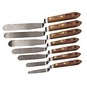 Albion Engineering 1258-G01 7-Piece Classic Offset Caulk Tooling Spatula Set, Stainless Steel with Hardwood Handle