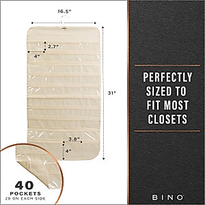 BINO Double Sided Hanging Jewelry Organizer - Beige | Necklace Bracelets & Earrings Storage | Portable Closet Organizer | Over-Door Accessories Holder with Pockets | Wardrobe Cabinet Jewelry Hanger