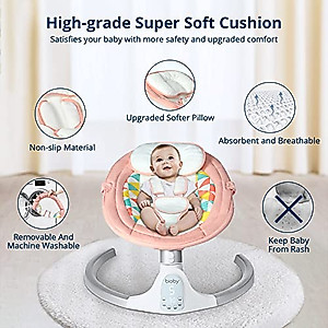 Bioby Baby Swing for Infants,The Five-Point Seat Belt,Bluetooth Touch Screen/Remote Control Baby Bouncer with Music Speaker,Motorized Portable Swing with 5 Swing Speeds（Pink）