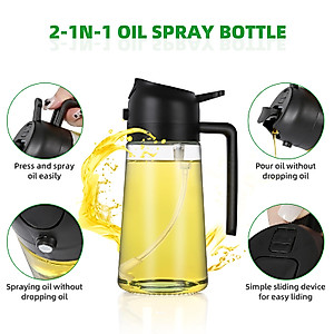 PRO IPLAS Oil Spray Bottle, Olive Oil Sprayer, 16 oz Oil Sprayer for cooking, 2 in 1 Glass Oil Sprayer & Dispenser