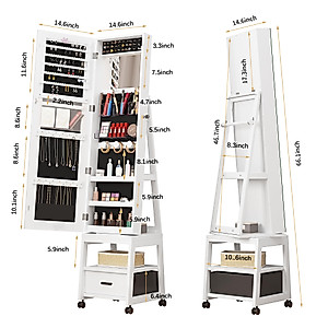 IDEALHOUSE 360° Swivel Jewelry Cabinet with Large Storage Capacity, Rotatable Full Length Mirror with Jewelry Storage, Lockable Floor Standing Jewelry Armoire Organizer with Drawer and Wheels, White