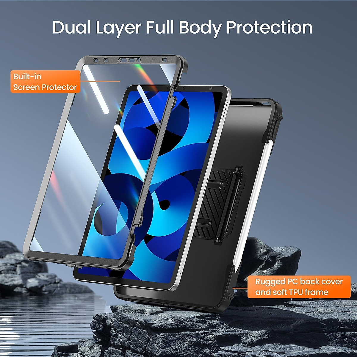 ZtotopCases for iPad Air 5th/4th Gen 10.9 Inch 2022/2020, iPad Pro 11" 2018 1st, Built-in Screen Protector, Shockproof Cover+ Kickstand - Black