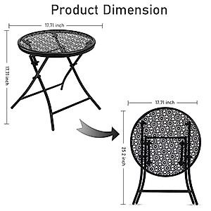 TeoKJ Folding Outdoor Side Tables, Anti Rust Small Patio Table Round Metal End Table with Flower Cutouts for Porch Yard Balcony Deck Lawn, Black