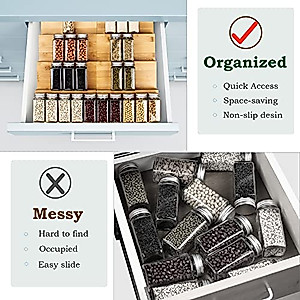 Spice Rack Organizer for Drawer, 8pcs Adjustable Expandable Kitchen Spice Rack Organizer, With Non-slip Sticker and 16 Labels, 4 Tiers Bamboo Spice Rack for Drawer, Cabinet, Countertop,18''W x16.5''D
