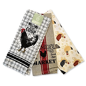 Jolitee Farmhouse Chic Cotton Tea Towels Set of 3 - Rooster & Chicken Kitchen Decor, 15x25 Inches