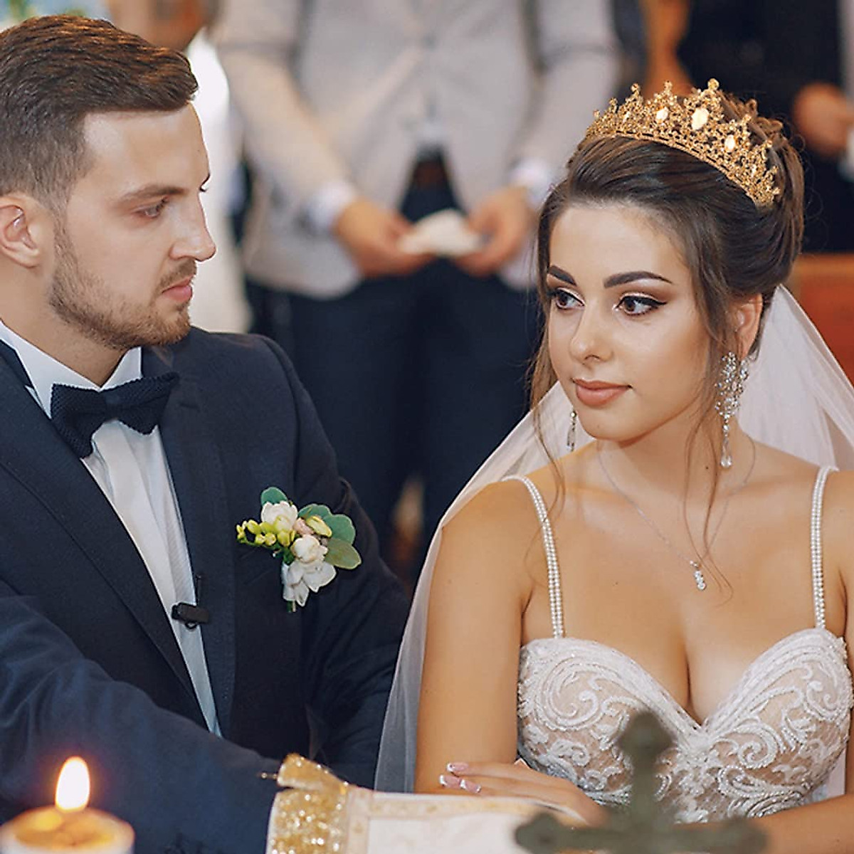 AOPRIE Artemis Tiaras and Crowns for Women Champagne Gold Princess Tiara for Little Girls Crystal Hair Accessories for Wedding Prom Bridal Birthday Party Halloween Costume Christmas Gifts