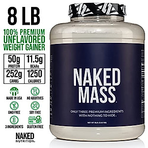 Naked Mass - Natural Weight Gainer Protein Powder - 8lb Bulk, GMO Free, Gluten Free & Soy Free. No Artificial Ingredients - 1,250 Calories - 11 Servings