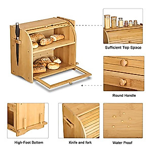 HOMEKOKO Double Layer Large Roll Top Bread Box for Kitchen Counter, Retro Design Wooden Large Capacity Bread Storage Bin (Natural)