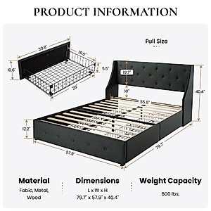 SHA CERLIN Upholstered Full Size Platform Bed Frame with 4 Storage Drawers and Wingback Headboard, Diamond Stitched Button Tufted Design, No Box Spring Needed, Dark Grey