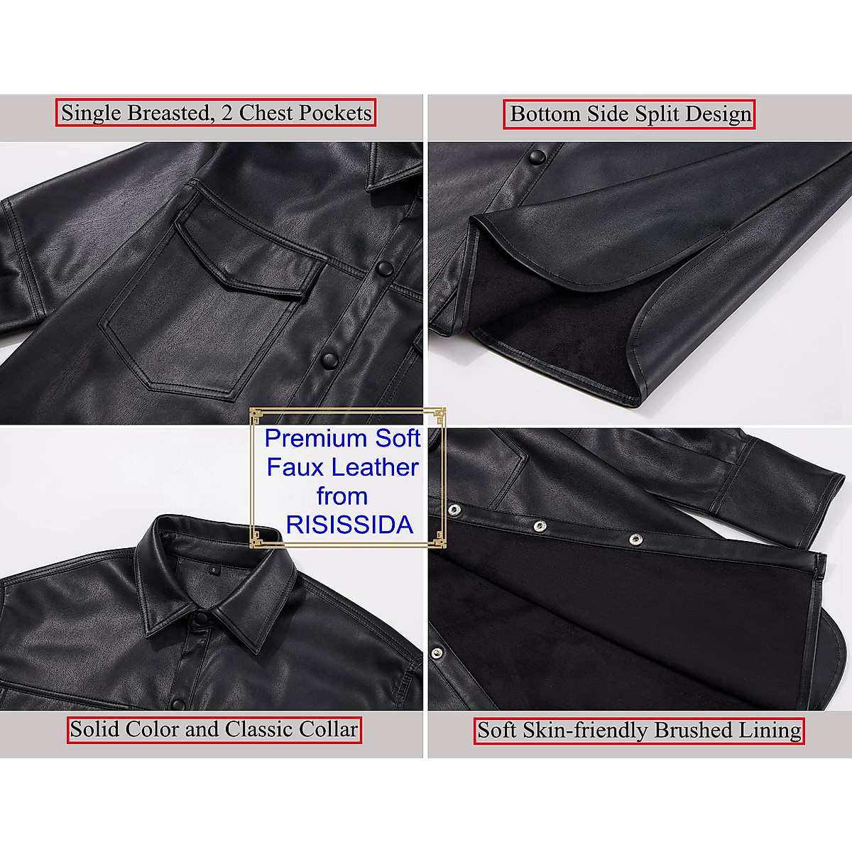 RISISSIDA Women Faux Leather Shacket Jacket,Vegan Pleather Long Sleeve Shirts Black 21001 XX-L