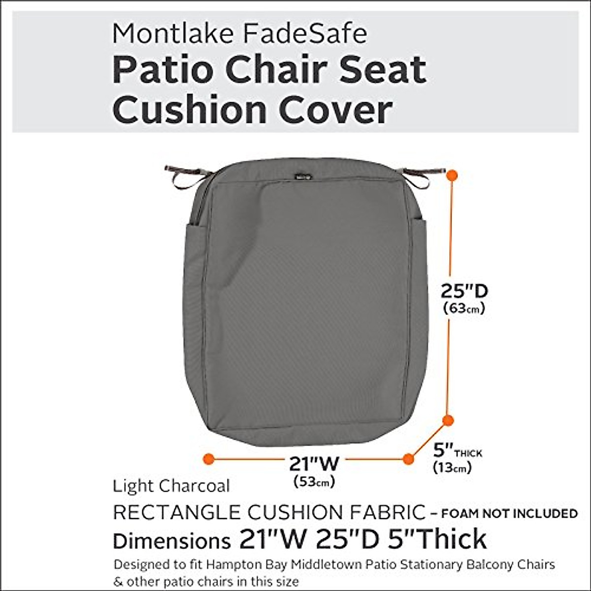Classic Accessories Montlake FadeSafe Water-Resistant 21x25x5 Inch Rectangle Outdoor Seat Cushion Slip Cover, Patio Furniture Chair Cushion Cover, Light Charcoal Grey, Patio Furniture Cushion Covers