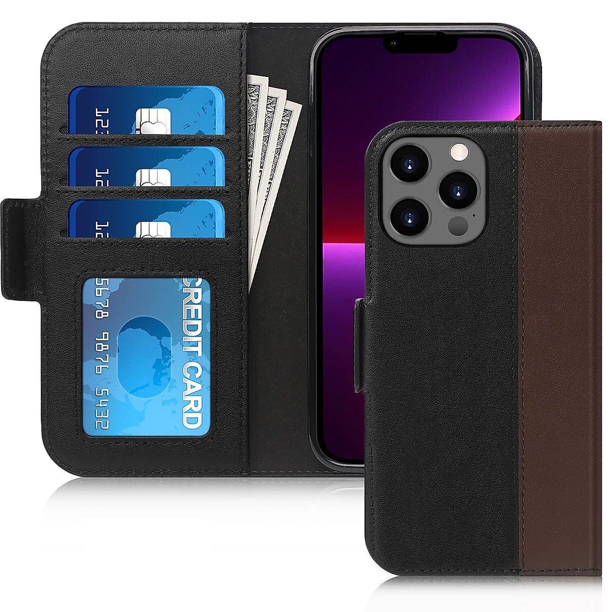 FYY for iPhone 13 Pro Max Case, [Support Magsafe Charging][Genuine Leather] Wallet Phone Case with Card Holder Protective Shockproof Cover for iPhone 13 Pro Max 5G 6.7" Black&Brown