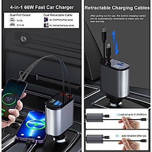Retractable Car Charger Fast Charging - 66W 4-in-1 USB C Car Phone Charger Cigarette Lighter Adapter Car Charger Compatible with iPhone 15 14 13 12 Pro Max iPad Android Pixel Huawei Tablet