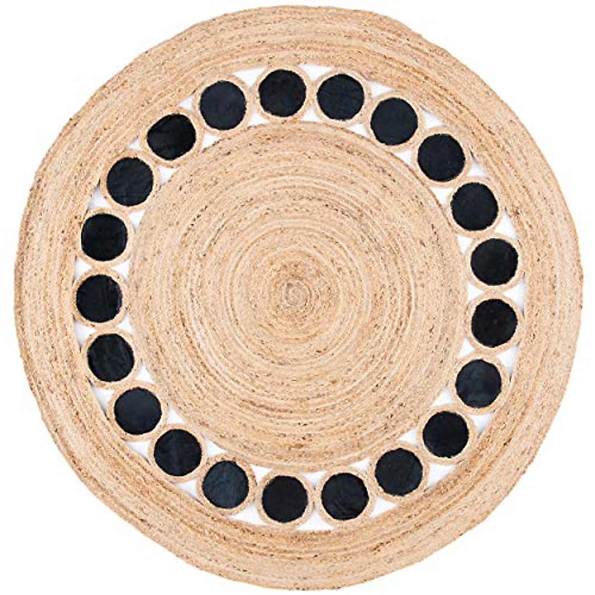 SAFAVIEH Natural Fiber Round Collection 3' Round Beige / Black NF370Z Handmade Boho Woven Jute & Leather Area Rug