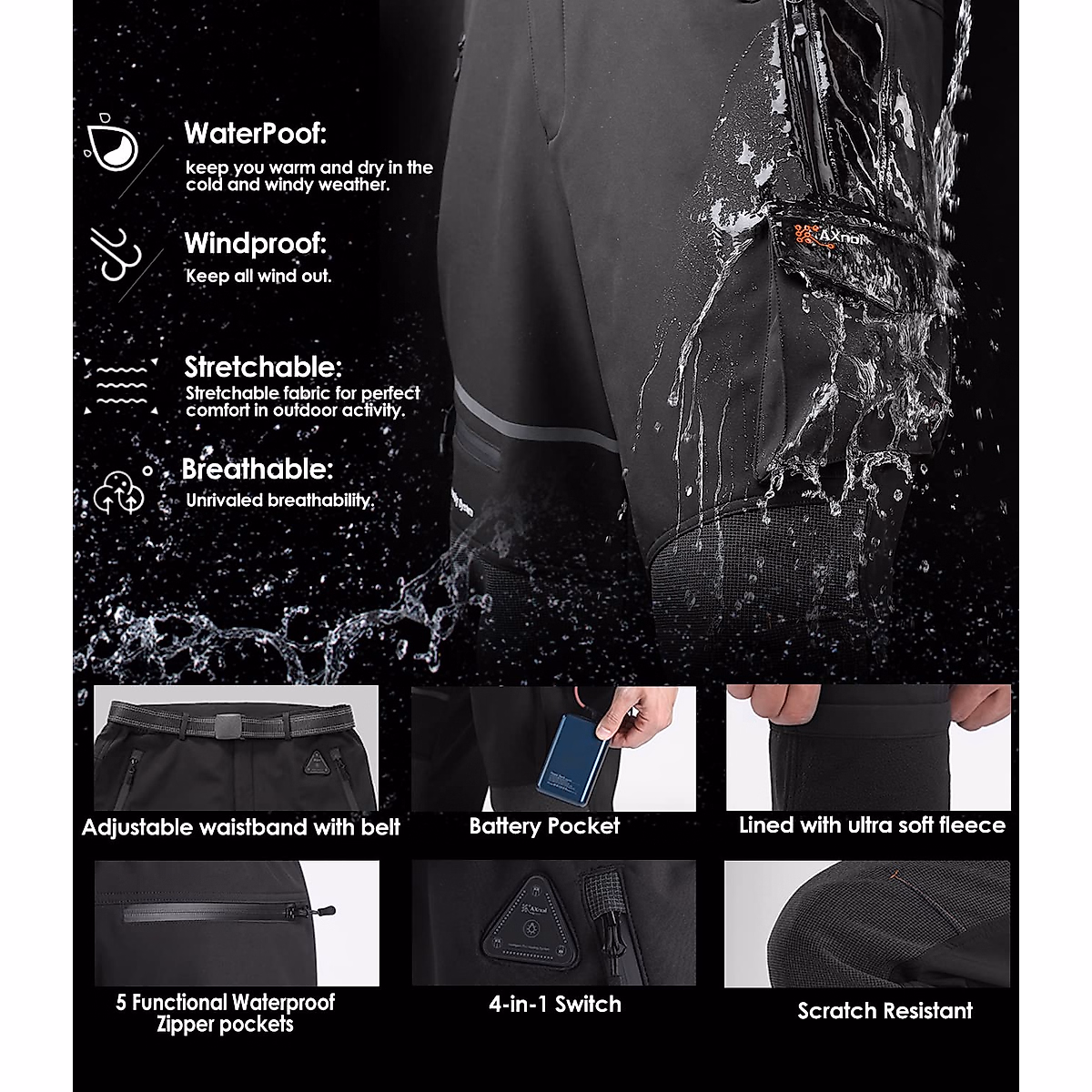 Axnol Heated Pants with 20000mAh Battery Pack Electric Heated Snow Hiking Pants Winter Softshell Outdoor Trousers (XL, Black)