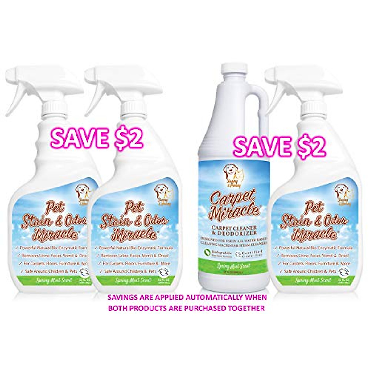 Pet Stain & Odor Miracle - Enzyme Cleaner for Dog Urine Cat Pee Feces Vomit, Enzymatic Solution Cleans Carpet Rug Car Upholstery Couch Mattress Furniture, Natural Eliminator (S/M 32FL OZ)