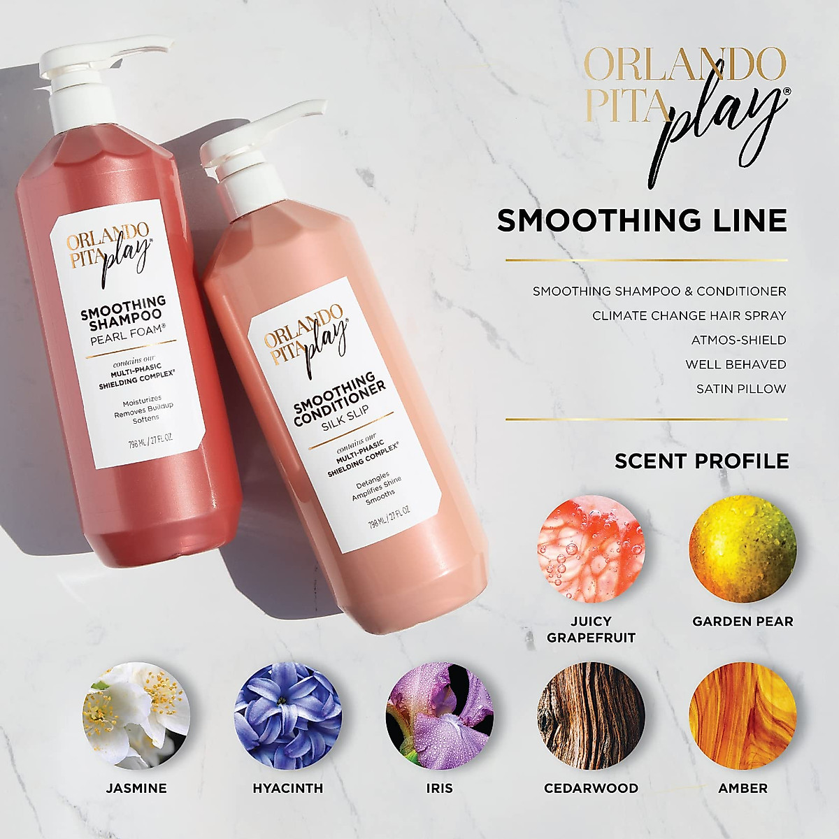 ORLANDO PITA PLAY Salon Size Smoothing Pearl Foam Shampoo & Silk Slip Conditioner Set, Maintains Moisture & Enhances Softness, 27 Fl Oz Each