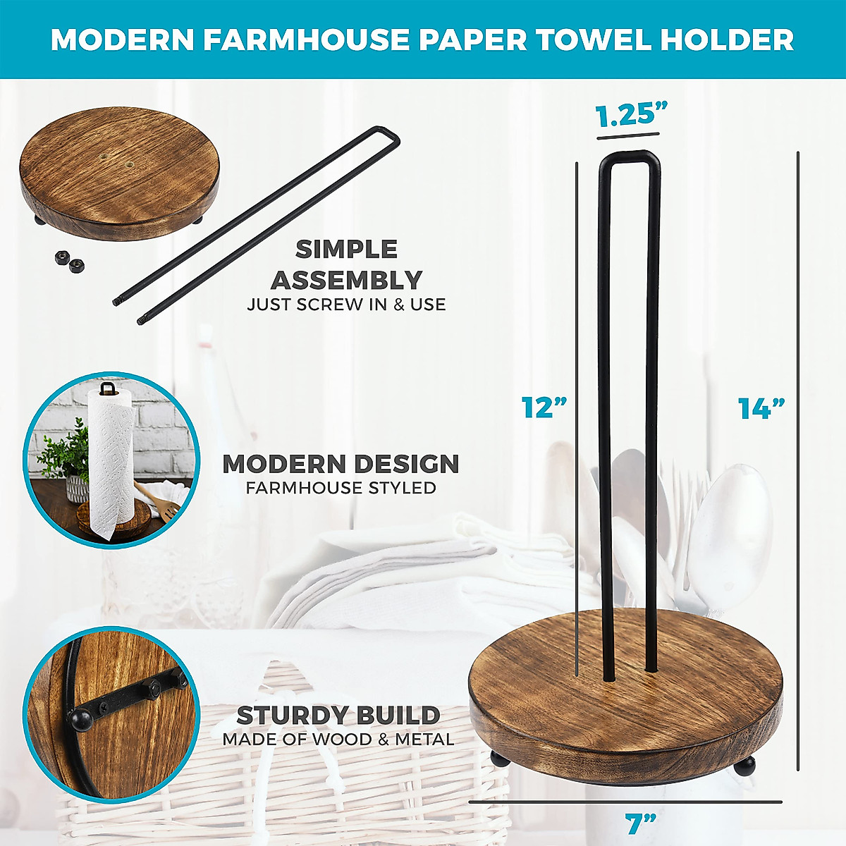 Tribello Modern Farmhouse Paper Towel Holders for Kitchen, Vintage Wire and Wood Countertop Paper Towel Holder