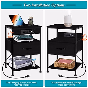 NORCEESAN Black Nightstand with Charging Station, Bed Side Table with USB Ports & AC Outlets, Small End Bedside Tables with Drawer Charging Night Stand 3 Tier Table for Bedroom Living Room Farmhouse