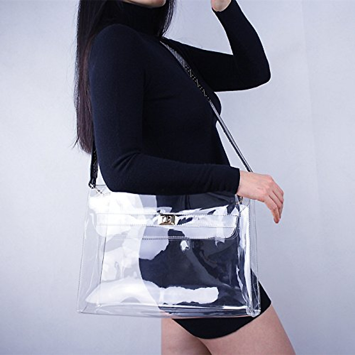 Flada Clear Handbag Purse Stadium Approved Transparent Crossbody Shoulder Bag for Women Clear With Black Strap