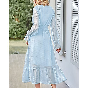 BTFBM Women's Casual Party Summer Fall Dresses 2023 Long Sleeve Wrap V Neck Swiss Dot Swing A-Line Maxi Dress with Belt(Swiss Dot Light Blue, Small)