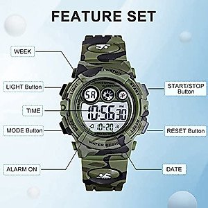 GOLDEN HOUR Watches for Kids Digital Sport Waterproof Boys Watch Outdoor 12/24 H Alarm EL Backlight Stopwatch Military Child Wristwatch Ages 5-15 (Camouflage Green)