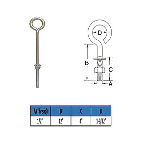 1/2" x 12" Stainless Steel Forge Style Marine Wire Turned Eye Bolt Nut Washers 250 Lb Cap.