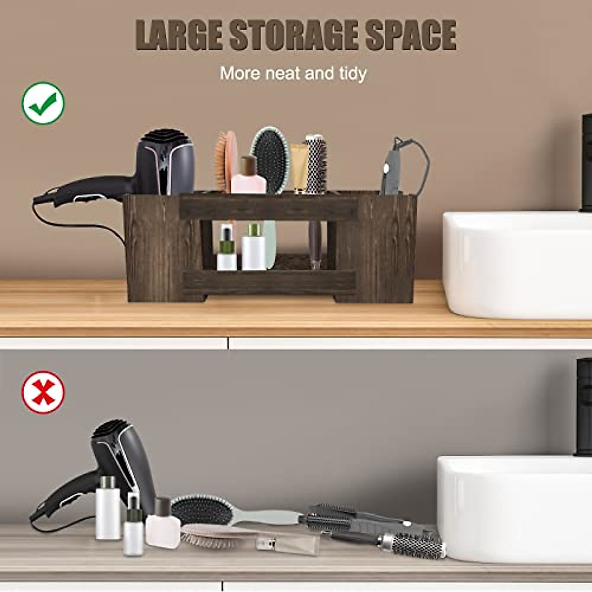 Wood Hair Tool Organizer, Hair Dryer Holder Wall Mount Hair Styling Product Care Tools Organizers Storage, Bathroom Vanity Countertop Blow Storage Stand for Flat Irons, Hot Curling Wand