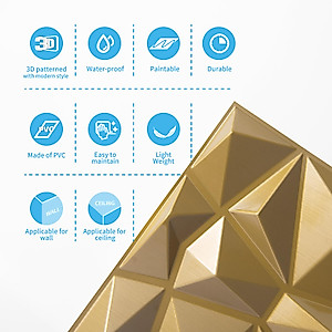 Art3d 3D Diamond Design Paneling for Interior Decor, Living Room, TV Wall Background, Bedroom, Gaming Setup, 11.8" x 11.8", Gold, 33 Pack