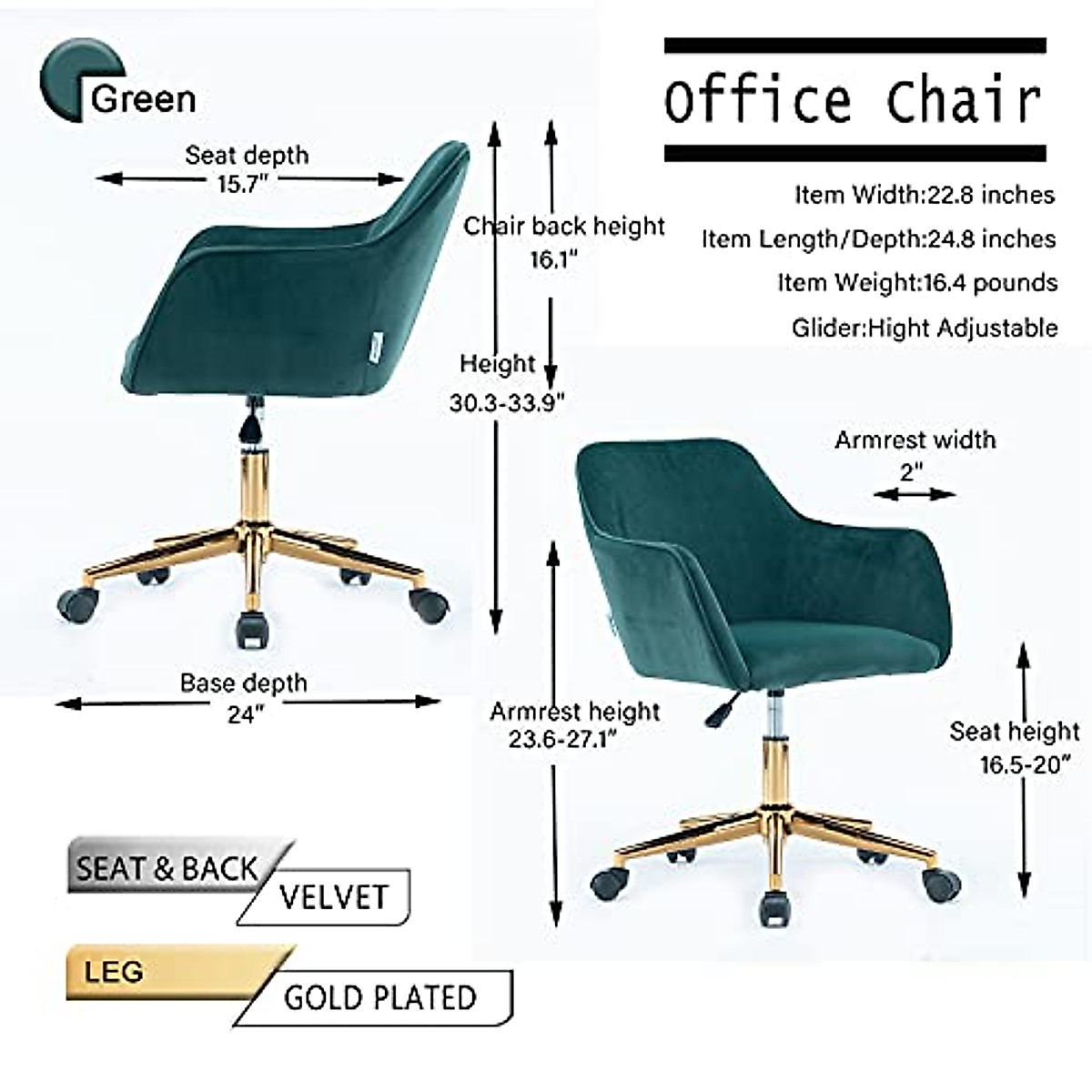 Home Office Task Chair with Velvet Fabric Material, Adjustable Height and 365 revolving, Swivel Shell Chair with Gold Metal Legs and Universal Wheels for Living Room, Bed Room and Office (Dark Green)