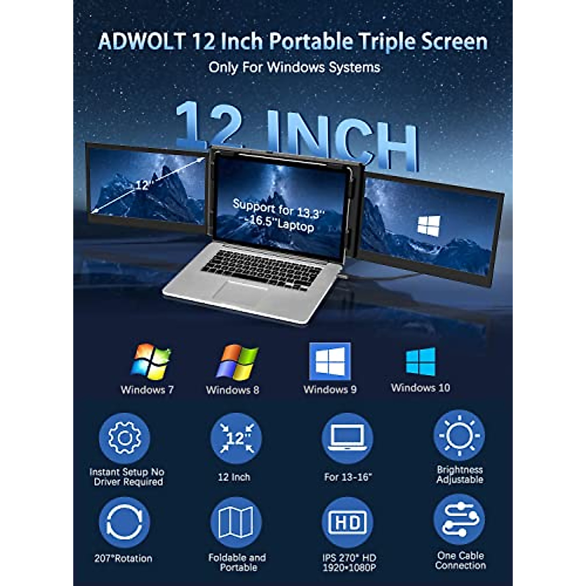 ADWOLT Triple Portable Monitor for Laptop Screen Extender-12'' 1080P Full HD IPS Triple Screen Laptop Monitor,One Type-C Cable Connection,Work with 13.3''-16.5'' Laptop& Switch/Xbox (for Windows)