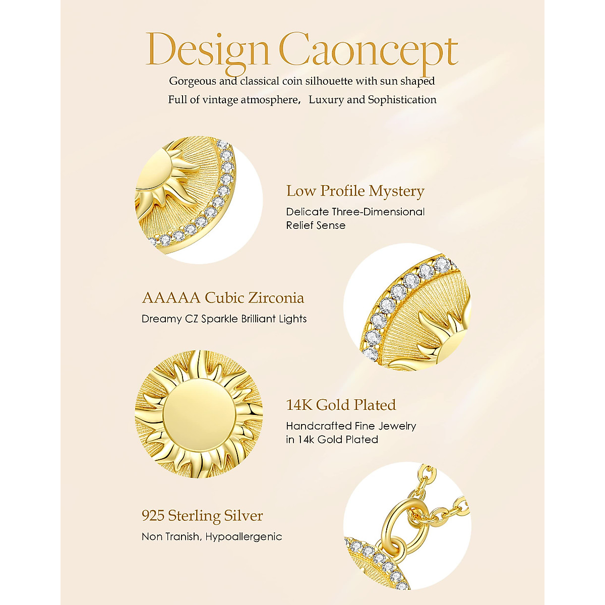 CDE 14K Gold Plated Sun Coin Birthstone Pendant Necklaces for Women 925 Sterling Silver, Christmas Birthday Anniversary Jewelry Gift for Women Girlfriend Mom Daughter Her