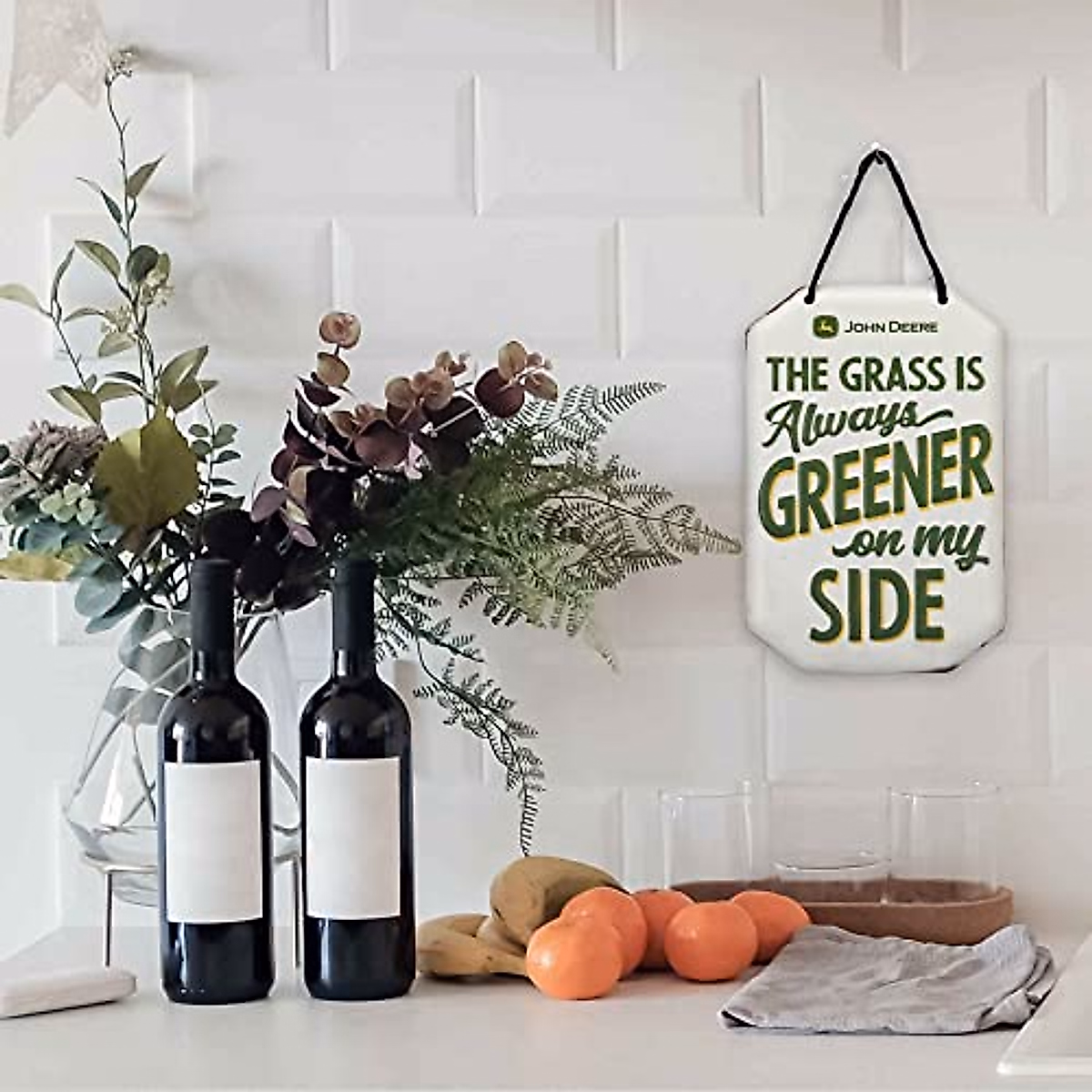Open Road Brands John Deere Grass is Greener On My Side Embossed Metal Hanging Sign - Small John Deere Sign for Home Decorating - Great Gift Idea