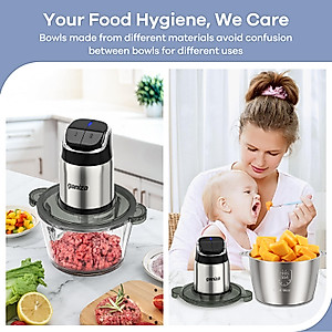 Ganiza Food Processor, 2-Speed Food Chopper Meat Grinder with 8 Cup Stainless Steel & 8 Cup Glass Bowls, Upgraded Button & Smart Overheat Protection Light - Includes Clean Brush, 2 Sets of Blades