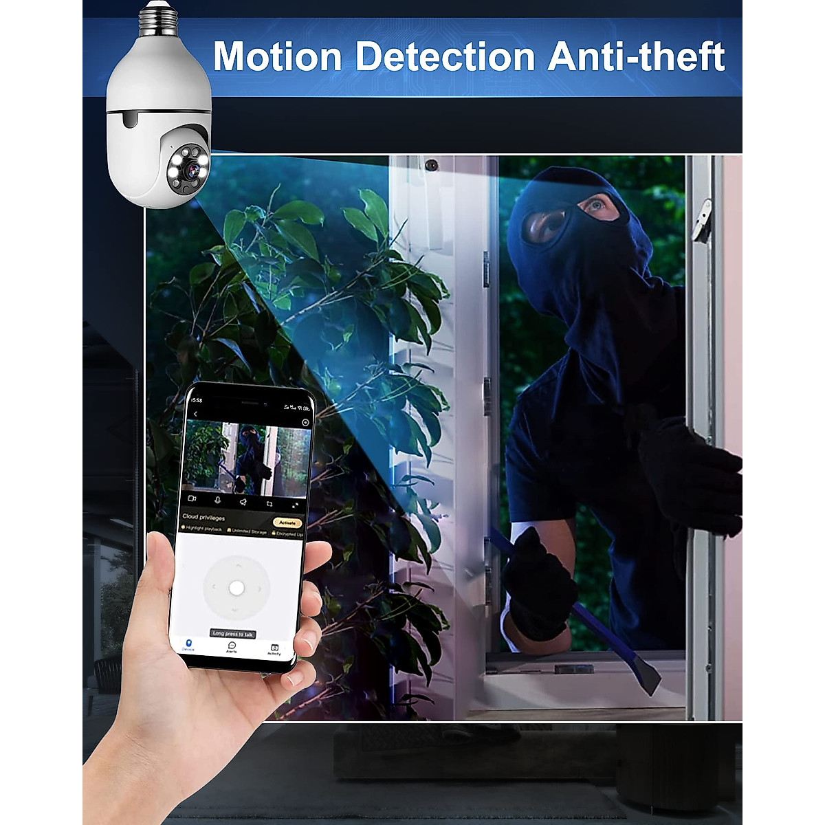 bluedery E27 360° Light Bulb Camera, 2.4GHz & 5G WiFi Security Cameras Wireless, 1080p Night Vision Home Security, Indoor Video Surveillance System, Motion Sensor Detection, Two-Way Audio-Talk