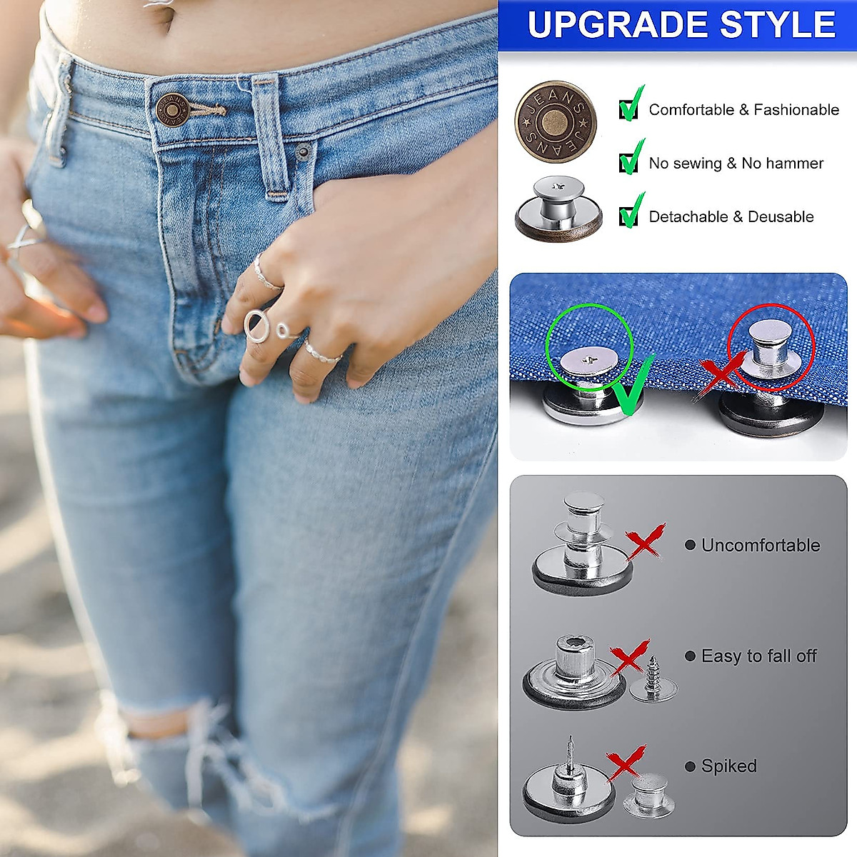 12 Sets Adjustable Buttons for Jeans, 20mm No Sew Instant Metal Buttons, Removable Jean Buttons Replacement Repair Kit with Threads Rivets and Screwdriver