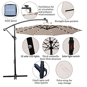 HENG FENG 10FT Solar Powered 32LED Lighted Patio Offset Umbrella Cantilever Umbrella Hanging Outdoor Market Umbrella with Crank and Cross Base, Beige
