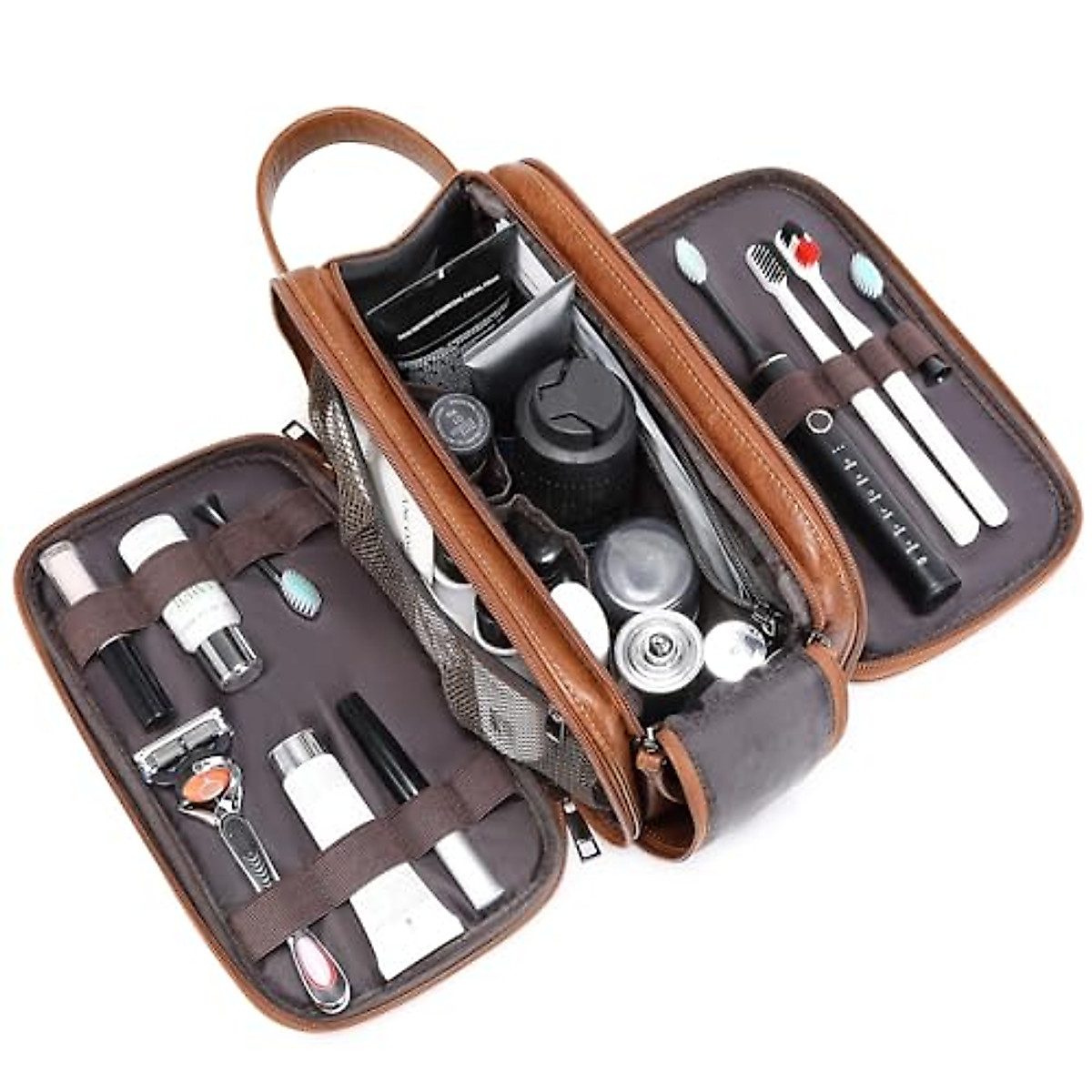 JIELV Travel Toiletry Bag for Men, Large Toiletry Bag Mens Travel Bag Toiletries Organizer for Grooming, Skincare, and Personal Care on the Go (PU-Leather-Waterproof, Brown)