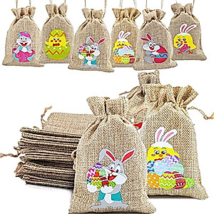 DERAYEE 36Pcs Easter Burlap Bags with Drawstring, Jute Linen Gift Bags Bunny Eggs Goodie Candy Bags for Kids Easter Party Favors