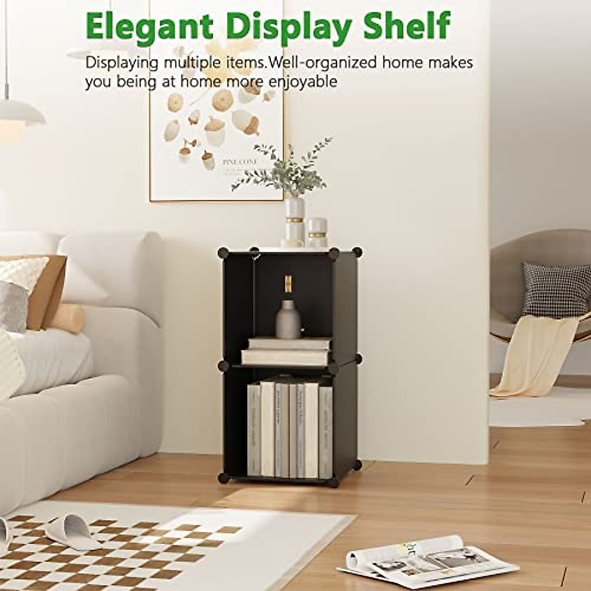 C&AHOME Cube Storage, 2-Cube Organizer Units, Plastic Closet Storage Shelves, DIY Book Shelf, Modular Bookcase, Cabinet Ideal for Bedroom, Living Room, Home Office, 12.4" L x 12.4" W x 24.8" H Black